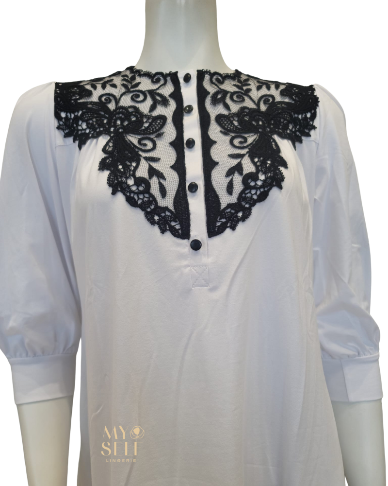 Oh! Zuza M8919 Black Lace Detail Button Down White Cotton Nightshirt ...
