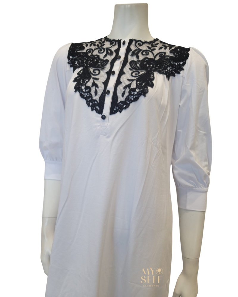 Oh! Zuza M8919 Black Lace Detail Button Down White Cotton Nightshirt ...